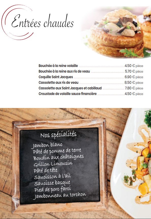 Carte et menus du Traiteur de la Chapelle pour vos réceptions à Guéret